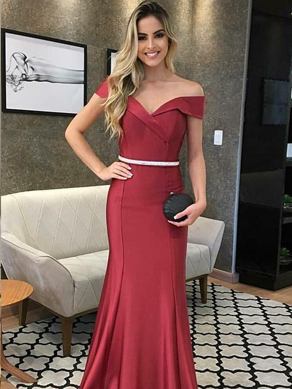 Dark Red Mermaid Stain Prom Dresses Off The Shoulder Long Evening Dres ...