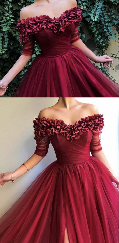 Burgundy Off The Shoulder Long Prom Dresses Split Tulle Appliques Even ...