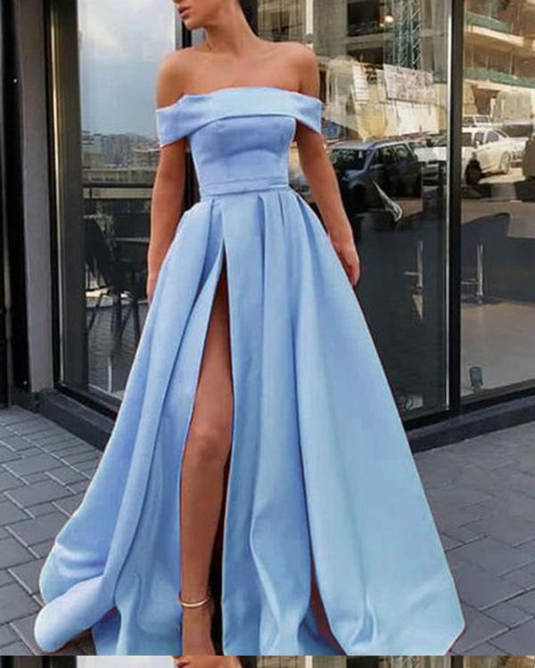 Simple Off The Shoulder Satin Prom Dresses Split Side Evening Dresses ...