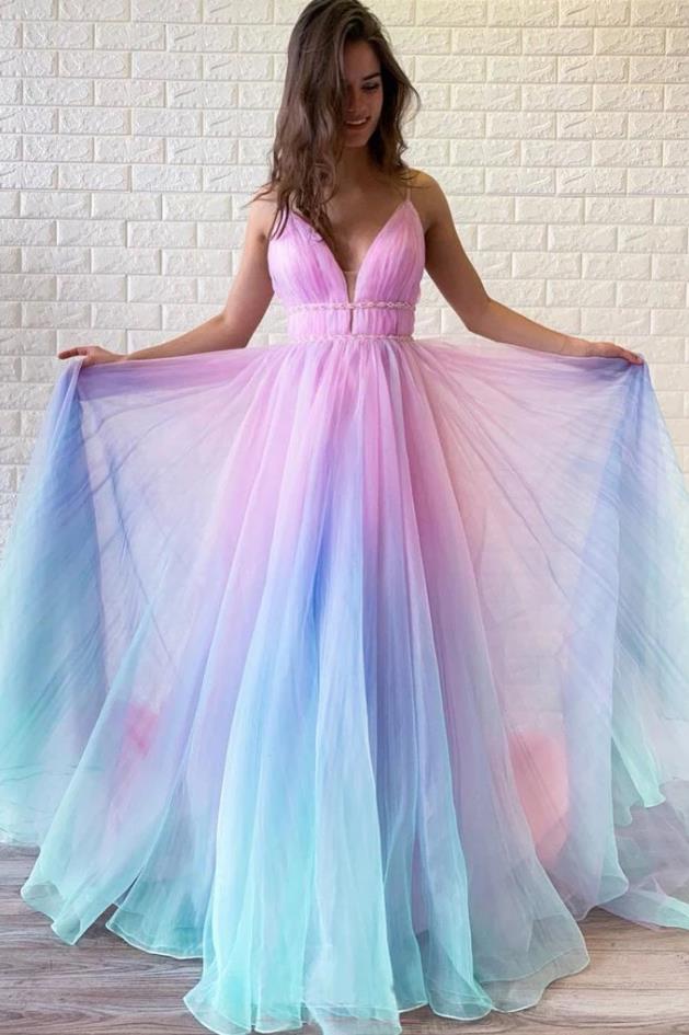 A Line Long Chiffon Prom Dresses Spagheeti Straps ombre Evening Dresse ...