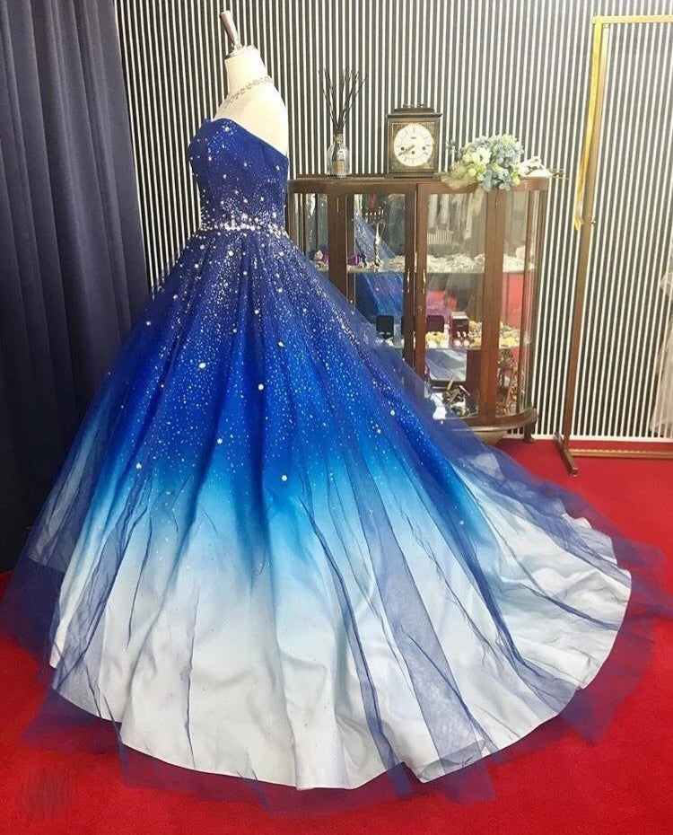 Strapless Beaded Ombre Prom Dresses Elegant Evening Dress – Hoprom